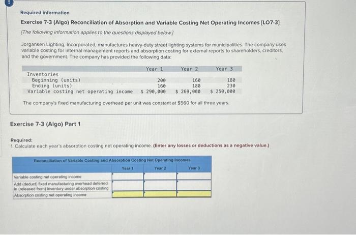 Solved Required information Exercise 7-3 (Algo) | Chegg.com