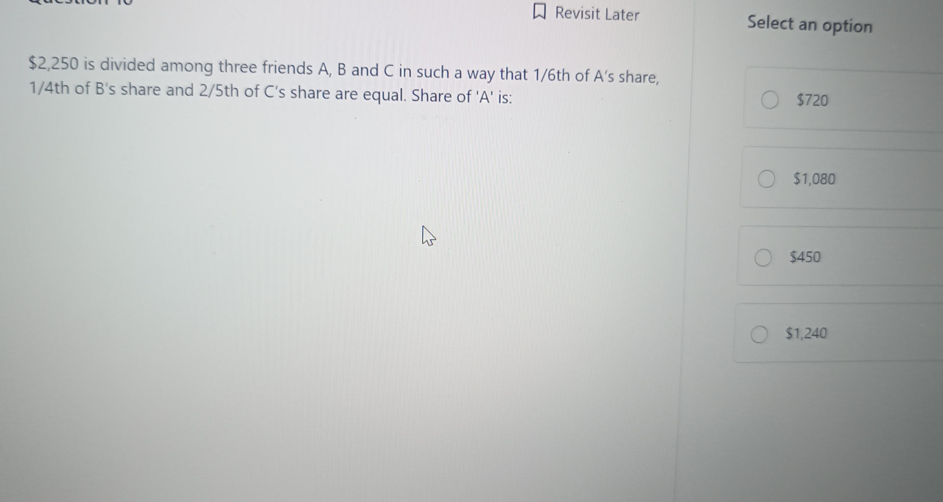 Solved ロ ﻿Revisit Later$2,250 ﻿is divided among three | Chegg.com