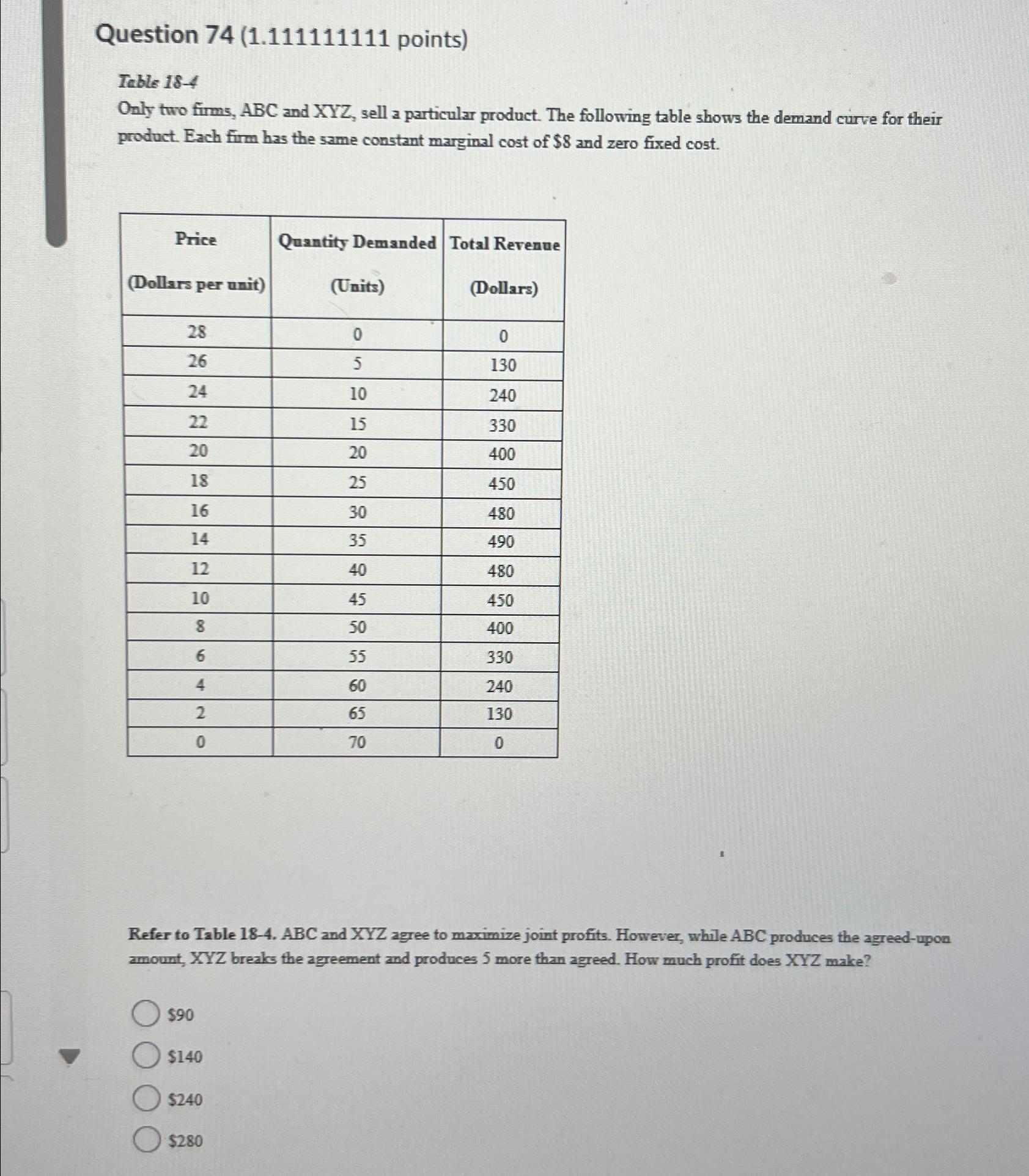 Solved Question 74 (1.111111111 ﻿points)Teble 18-4Only two | Chegg.com