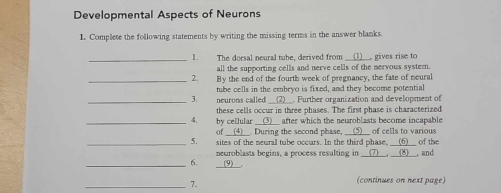 Solved Developmental Aspects of Neurons 1. Complete the | Chegg.com