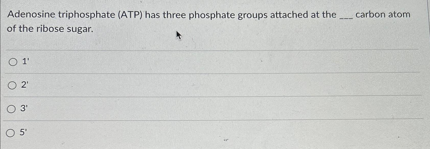 Solved Adenosine triphosphate (ATP) ﻿has three phosphate | Chegg.com
