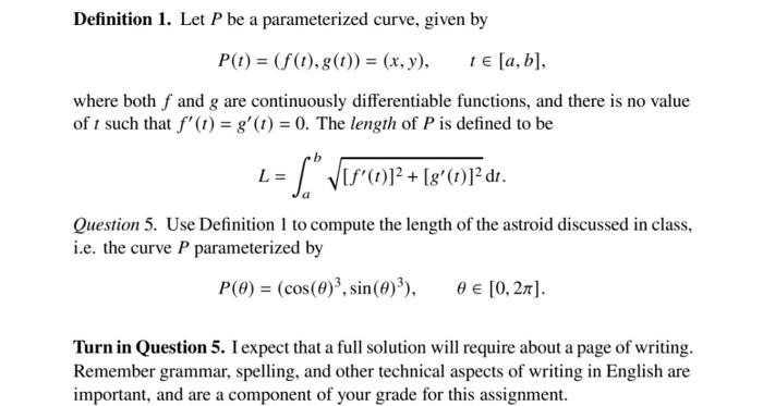 Solved Definition 1. Let P be a parameterized curve, given | Chegg.com