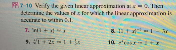 Solved 7-10 Verify the given linear approximation at a = 0. | Chegg.com