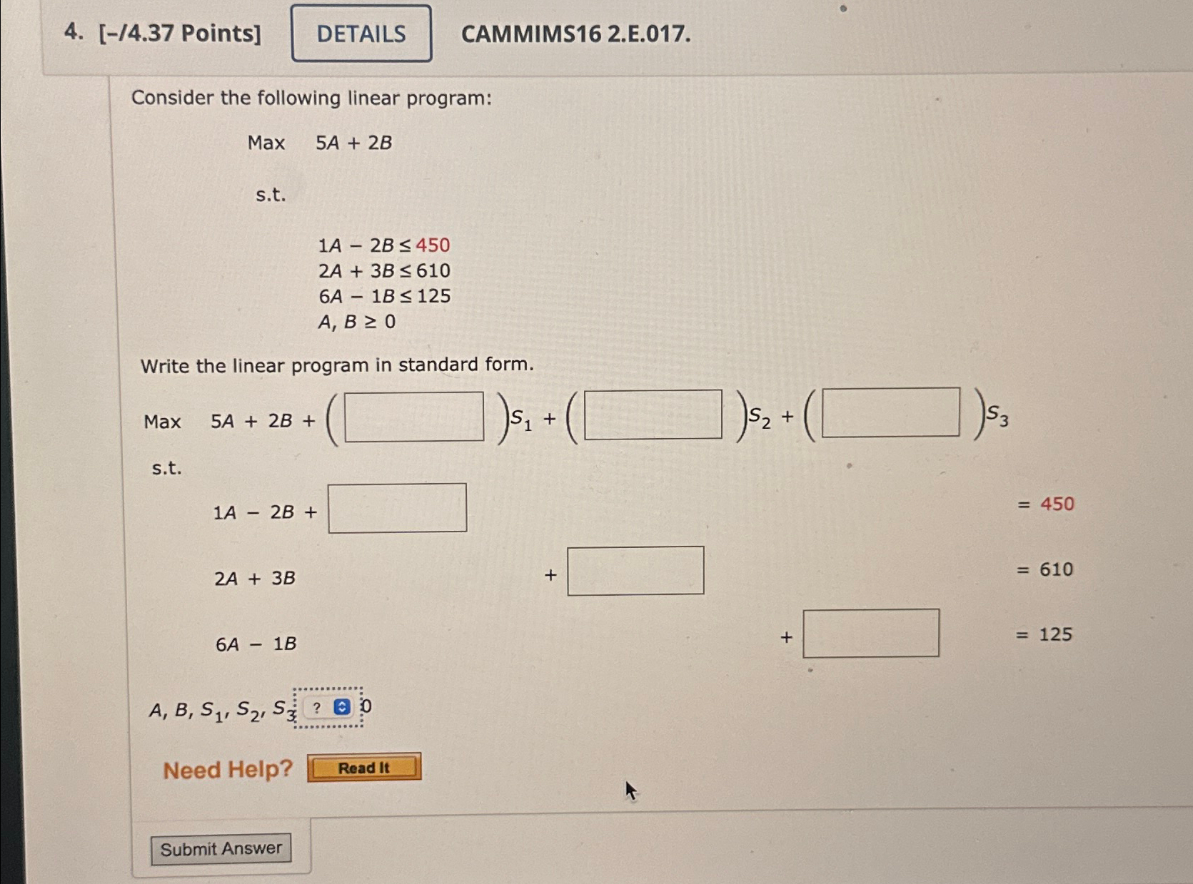 Solved [-/4.37 ﻿Points]CAMMIMS16 2.E.017.Consider the | Chegg.com