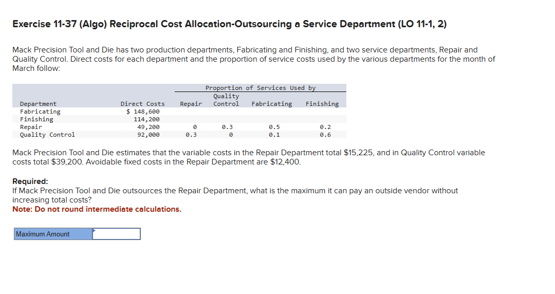 Solved Exercise 11-37 (Algo) ﻿Reciprocal Cost | Chegg.com
