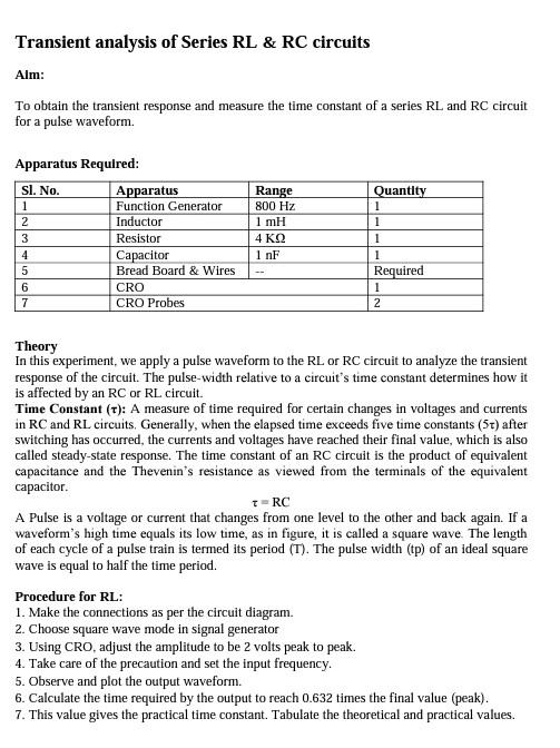 Solved Transient analysis of Series RL & RC circuits Alm: To | Chegg.com
