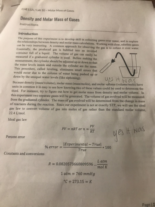 CHE 112L /Lab 10 - Molar Mass of Gases Density and | Chegg.com