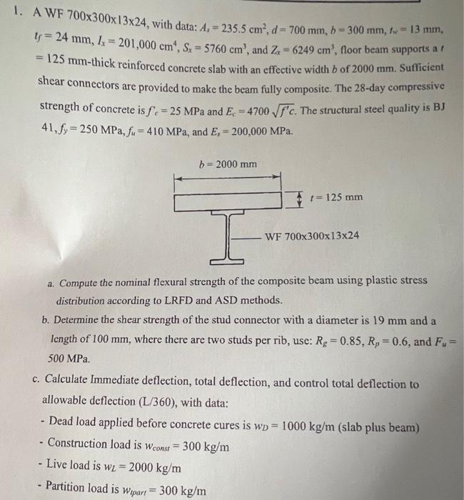 Solved 1. A WF 700×300×13×24, with data: As=235.5 cm2,d=700 | Chegg.com