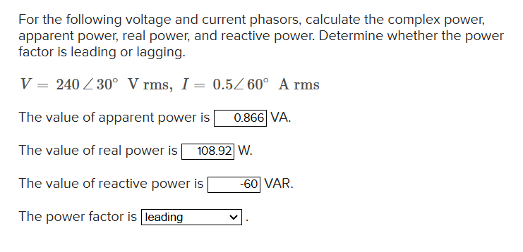 Solved For the following voltage and current phasors, | Chegg.com