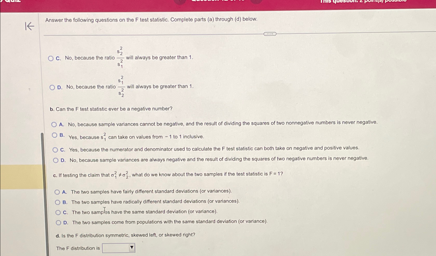 Answer the following questions on the F ﻿test | Chegg.com