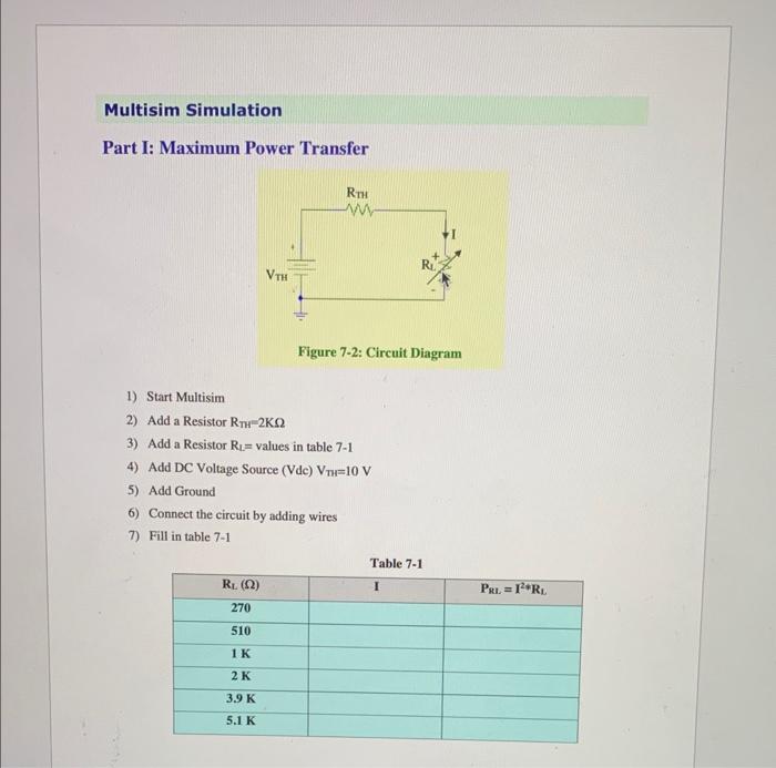 Solved Multisim Simulation Part I: Maximum Power Transfer | Chegg.com