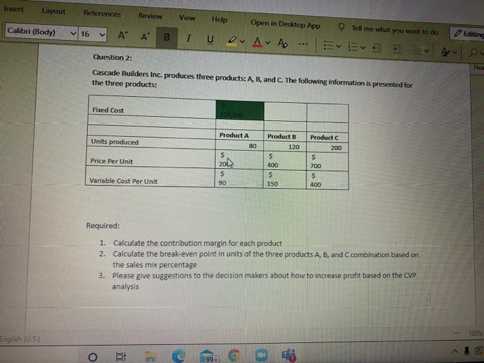 Solved Insert Layout References Review View Calibri (Body) | Chegg.com