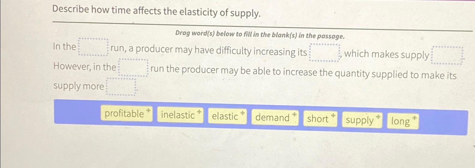 Solved Describe how time affects the elasticity of supply. | Chegg.com