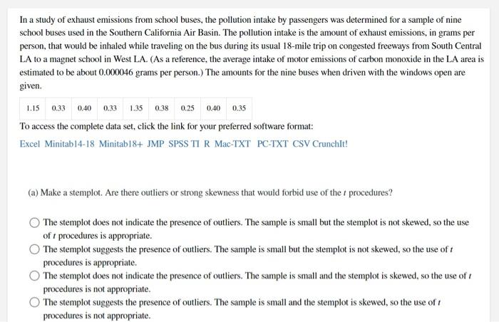Solved In a study of exhaust emissions from school buses, | Chegg.com