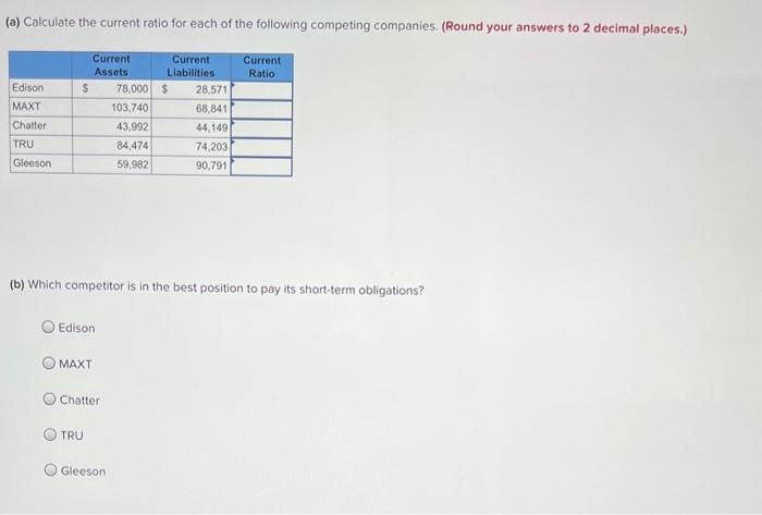 Solved (a) Calculate the current ratio for Wilson Trucking. | Chegg.com