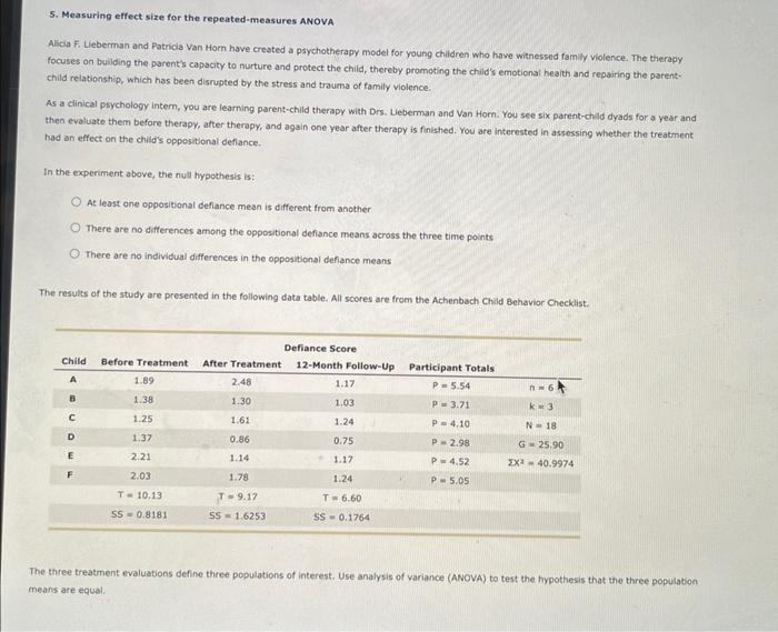Solved 5. Measuring effect size for the repeated-measures | Chegg.com