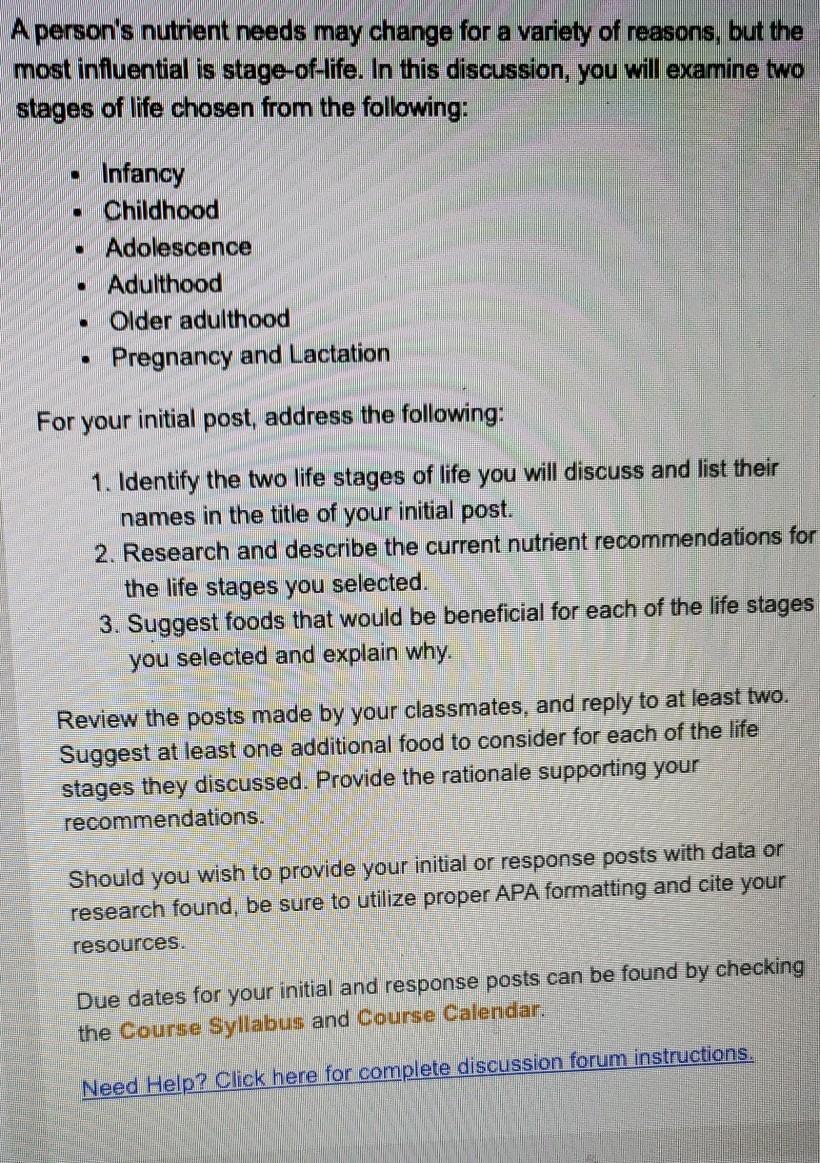 Solved A person's nutrient needs may change for a variety of | Chegg.com