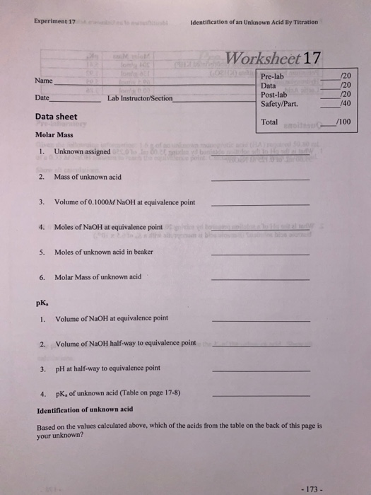 Experiment 17 Identification of an Unknown Acid By | Chegg.com
