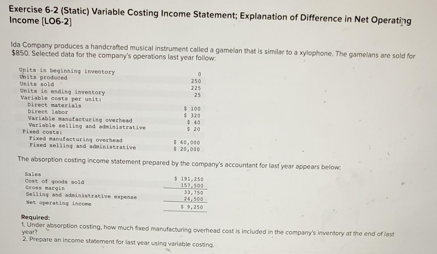 Solved Exercise 6 2 Static Variable Costing Income