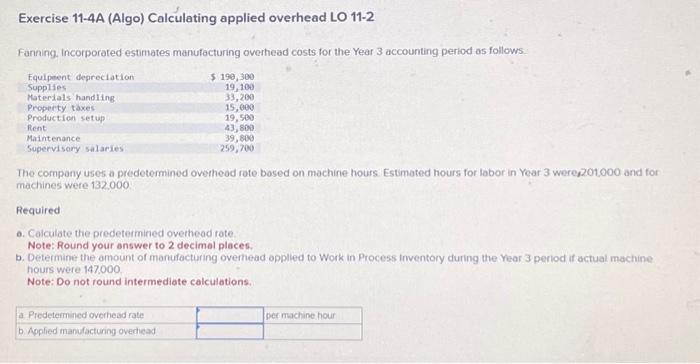 Solved Exercise 11-4A (Algo) Calculating applied overhead LO | Chegg.com