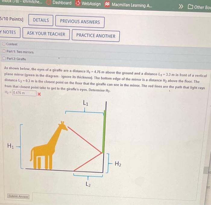 Solved As shown below, the eyes of a giraffe are a distance | Chegg.com