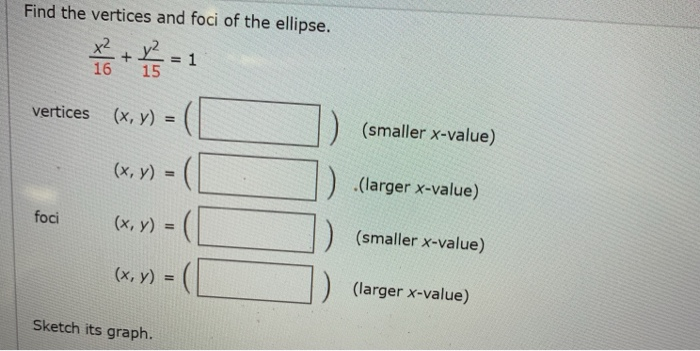 Solved Find the vertices and foci of the ellipse. x2 y2 1 15 | Chegg.com