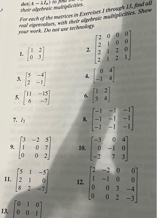 Solved det(A−λIn) to fultiplicities. n Exercises 1 through | Chegg.com