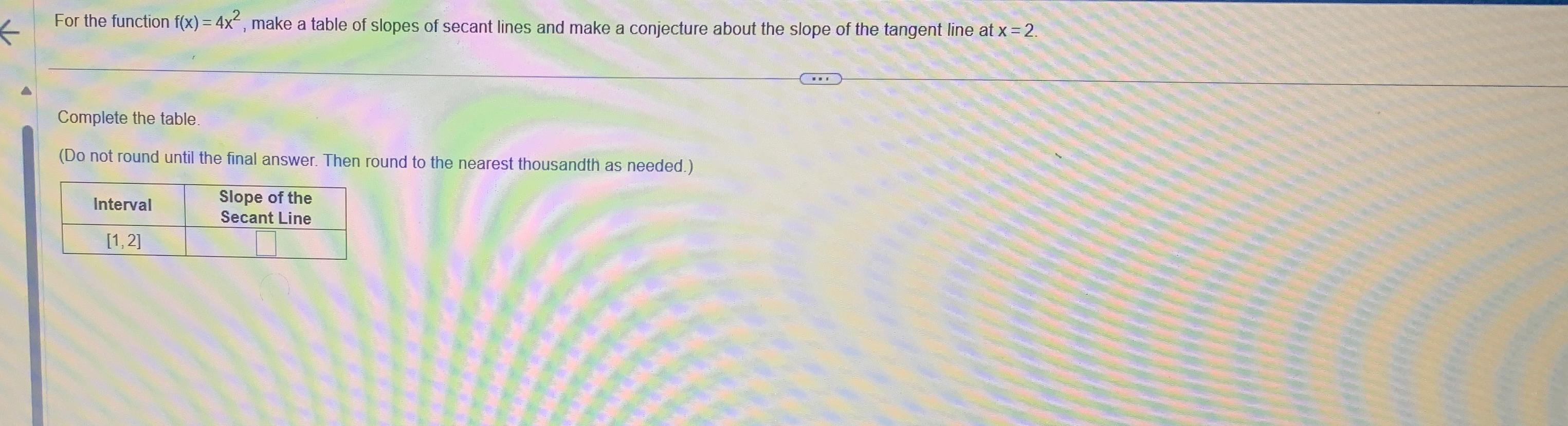 Solved For the function f(x)=4x2, ﻿make a table of slopes of | Chegg.com