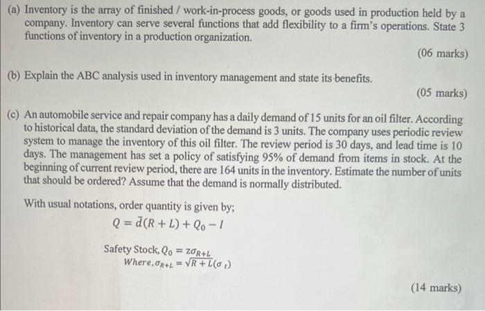 Solved (a) Inventory is the array of finished / | Chegg.com