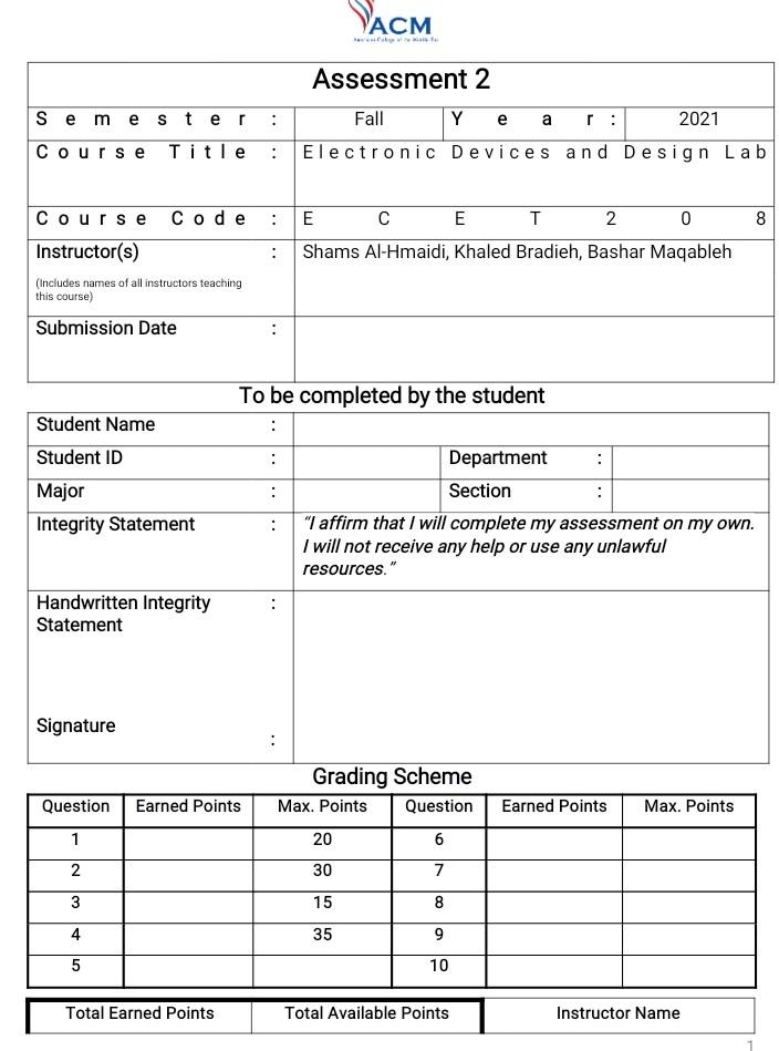 VACM : Assessment 2 Fall үе а 2021 Electronic Devices | Chegg.com