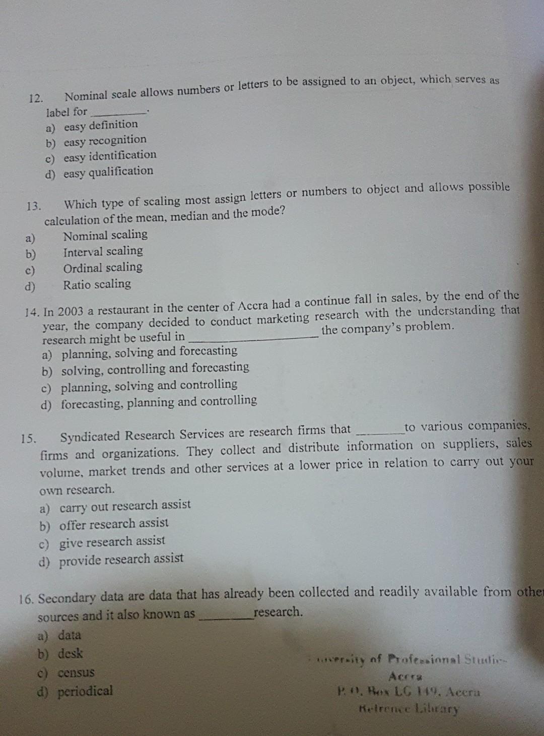 Solved 12. Nominal scale allows numbers or letters to be | Chegg.com