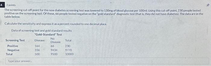 Solved 2 points The screening cut-off point for the new | Chegg.com