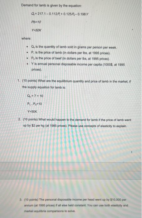 Solved Demand for lamb is given by the equation: Q = 217.1 | Chegg.com