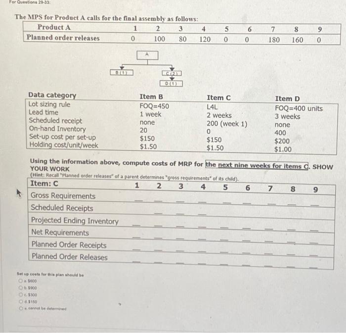 Solved For Questions 29-33: The MPS for Product A calls for | Chegg.com