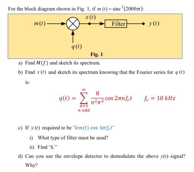 Solved For the block diagram shown in Fig. 1, if m (1) = | Chegg.com