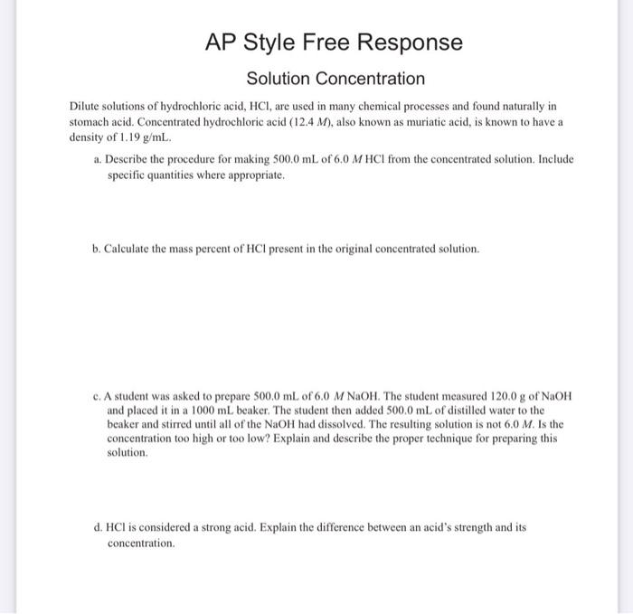 Solved AP Style Free Response Solution Concentration Dilute | Chegg.com