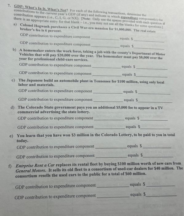 7. GDP: What's In It, What's Not? For each of the | Chegg.com