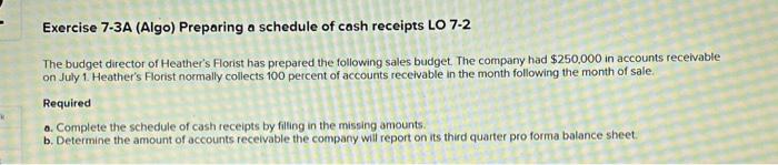 Solved Exercise 7-3A (Algo) Preparing a schedule of cash | Chegg.com