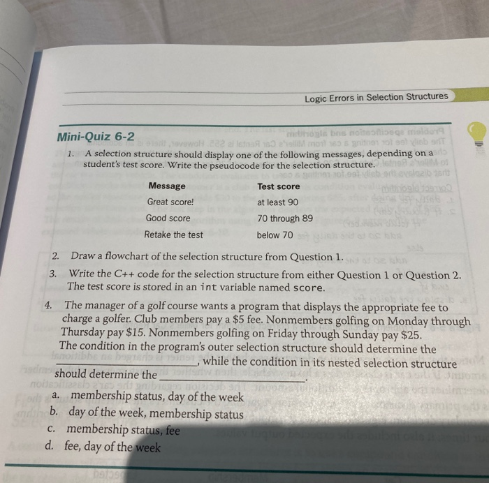 Solved Logic Errors in Selection Structures ho Mini-Quiz 6-2 | Chegg.com