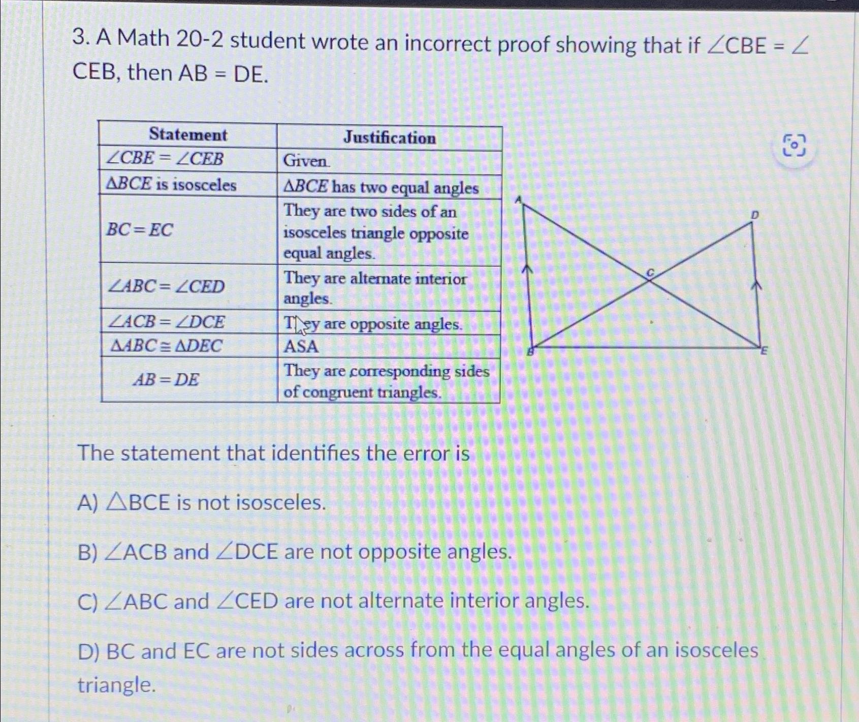 Solved A Math 20-2 ﻿student wrote an incorrect proof showing | Chegg.com
