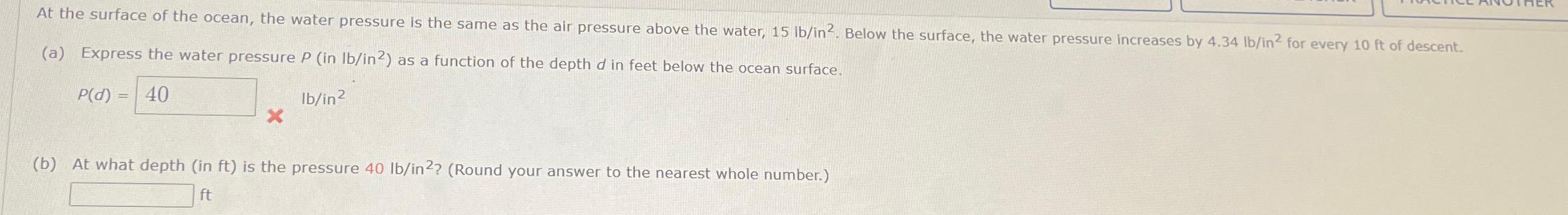 Solved (a) ﻿Express the water pressure P (in lbin2 ) ﻿as a | Chegg.com