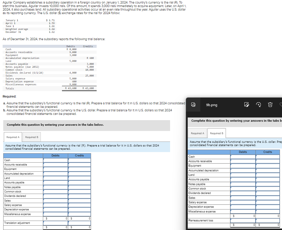 Solved Aguilar Company establishes a subsidiary operation in | Chegg.com