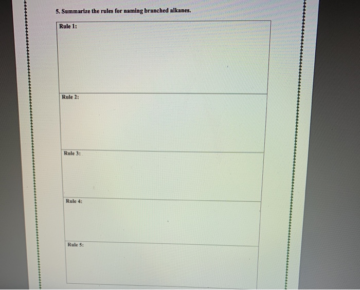 Solved 5. Summarize the rules for naming branched alkanes. | Chegg.com