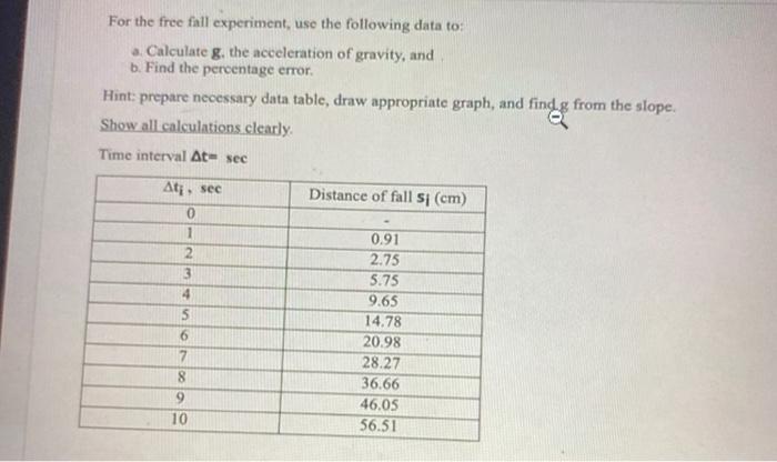 Solved For the free fall experiment, use the following data | Chegg.com