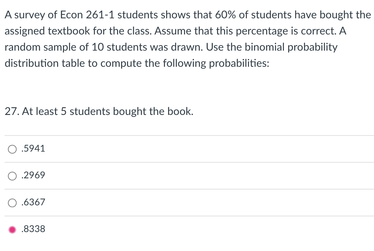 Solved A survey of Econ 261-1 ﻿students show that 60% ﻿of | Chegg.com