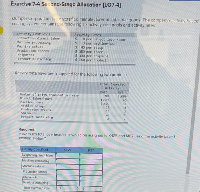 Solved Exercise 7-4 Second-Stage Allocation [LO7-4] Klumper | Chegg.com
