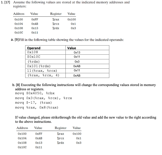Solved [17] ﻿Assume the following values are stored at the | Chegg.com