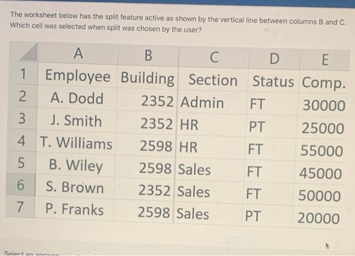 The Worksheet Below Has The Split Feature Active As Shown By The