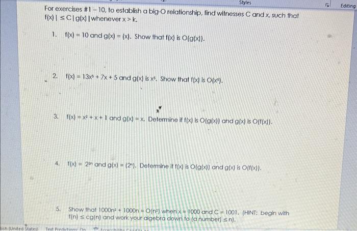 For exercises \#1-10, to establish a big-O | Chegg.com