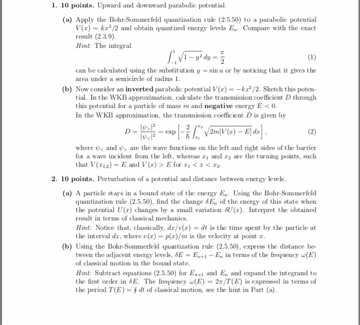 1. 10 points. Upward and downward parabolic potential | Chegg.com